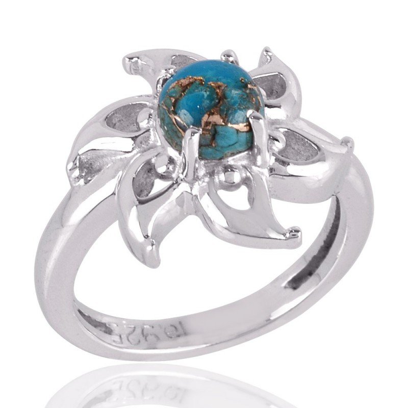 Sterling Silver Lotus Flower Ring with Blue Copper Turquoise Gemstone ...