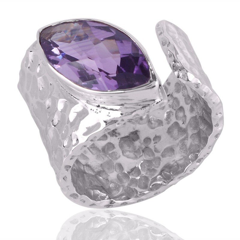 Handcrafted Sterling Silver Amethyst Hammered Wide Band Statement Ring ...